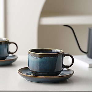 MIKIGEY Ceramics 10oz Cappuccino Cups with Sacuer, Set of 2, Coffee Cup for Au Lait, Latte, Tea, Mocha-Set of 2, Dishwasher and Microwave, Reactive Blue