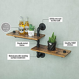 MAIKAILUN 2 Tier Industrial Shelves, Industrial Pipe Shelving, Pipe Corner Shelves with Wood Planks, Floating Shelves Wall Mounted, Retro Rustic Industrial Shelf for Bar Kitchen Living Room
