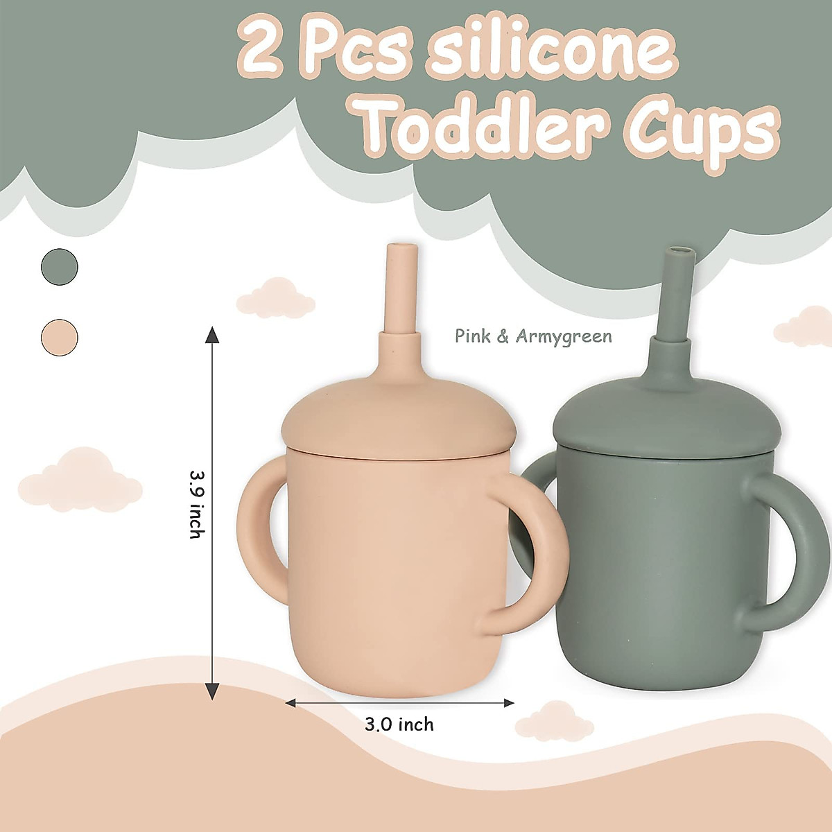 DONGMEI Silicone Straw Cup, silicone sippy cups for baby, 100% Soft Silicone Straw Trainer Cup For Infant, silicone sippy cup baby, 5 Oz (Pink & Armygreen 2 Pieces)