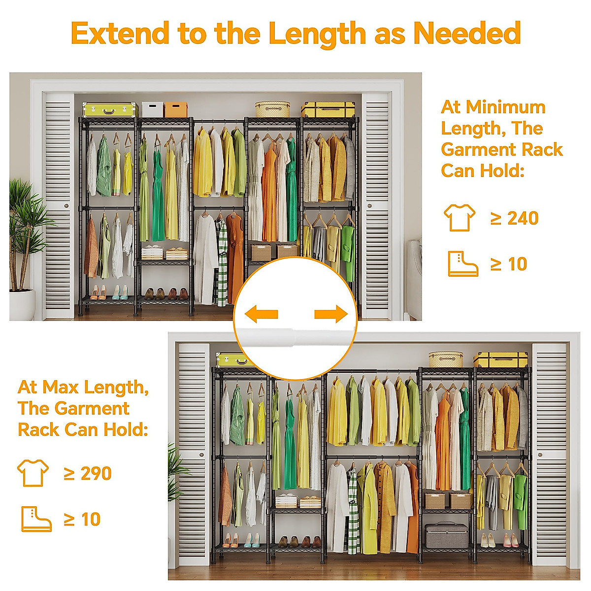 Higeego H5 Pro Heavy Duty Garment Rack, Freestanding Clothes Rack, Wardrobe Closet for Hanging Clothes, Portable Closet Organizer with Expandable Hanger Rods, (97.7-115.4")L x 15.7"W x 75.4"H, Black