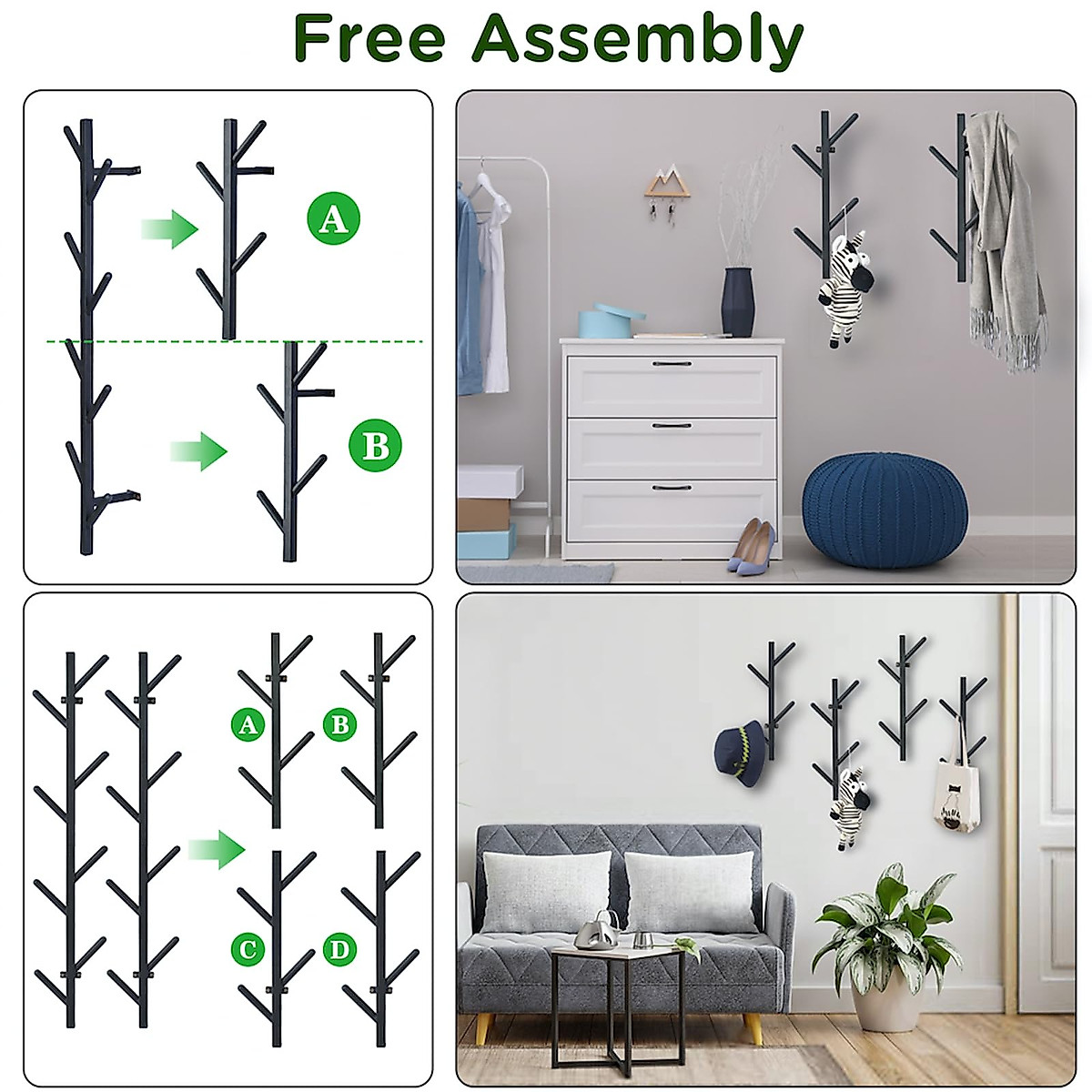 Sinytar Black Coat Rack Wall Mount Set of 2, Hat Rack for Wall, Modern Design Floating Coat Rack, Coat Tree for Clothes, Scarves, Bags, Caps, Metal Vertical Hooks for Living Room, Bedroom, Entryway