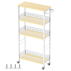Slim Storage Cart 4-Tier Rolling Kitchen Utility Cart White Narrow Slide Out Laundry Storage Cart on Wheels and Wood Table Top Mobile Shelving Unit Organizer Trolley for Bathroom Small Space 7.3 W