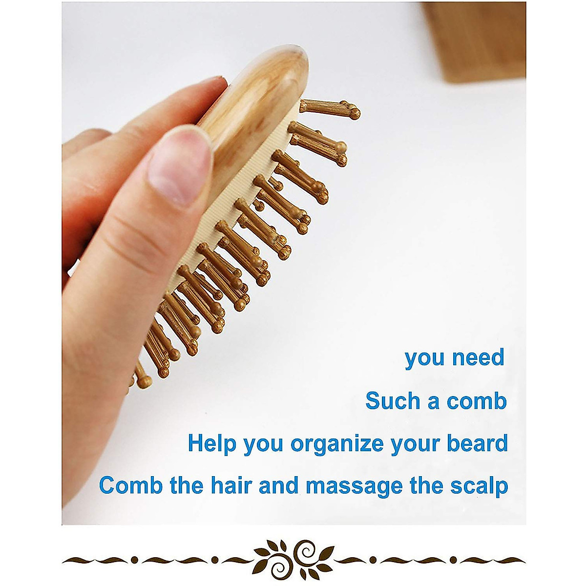 Pig Bristle Round Brush - Anti-Static Wood Pins, Compact Travel-Friendly Design for All Hair Types