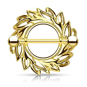 Pair of Leaves Tribal Nipple Shield Ring 14K Gold Plated Surgical Steel Barbell - Gold