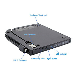 Ultra Slim External 4K UHD HD 3D Blu-ray Disc Player, USB Type-A & Type-C USB-C 2-In-1 6X BD-R BD-RE DL BDXL 100GB DVD-R M-Disc Burner Portable Optical Drive, for Windows 10 Mac OS Laptop & Desktop PC
