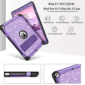 DUEDUE for iPad 9.7 Case 2017/2018, iPad Air 2 Case, iPad 6th/5th Generation Case with Kickstand Glitter Bling 3 in 1 Heavy Duty Hard PC Cover Shockproof Protective Case for iPad Pro 9.7, Purple