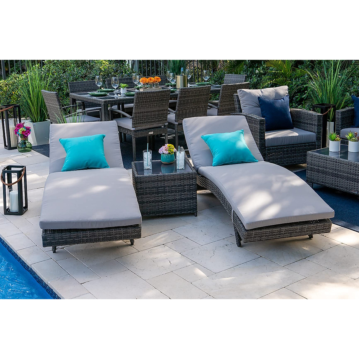 Bari 14-Piece Resin Wicker Combination Outdoor Patio Furniture Set (L) in Mixed Gray w/Sofa Set, Six-Seat Dining Set, and Chaise Lounge Set