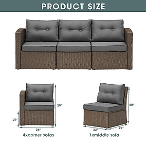 MAXXPRIME 3-Piece Patio Furniture, Wicker Sectional with Ergonomic Design, Lightweight Aluminum Frame, All-Weather Wicker Rattan, Non-Slip Cushions, Brown Wicker and Dark Grey Cushion