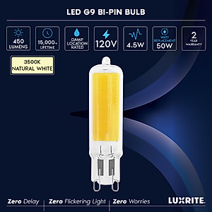LUXRITE G9 LED Bulb Dimmable 4.5W, 50 Watt T4 G9 Halogen Equivalent, 3500K Natural White, 450 Lumens, Glass G9 Bi Pin Base, 320° Beam Angle, ETL Listed (10 Pack)