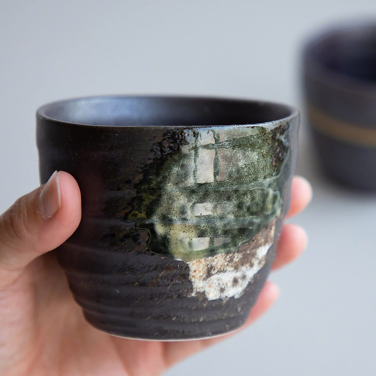 Asayu Japan Handpainted Glazed Ceramic Tea Cups Set of 2, 6.7oz (200ml), Made in Japan MIno Ware Pottery Glass for Hot and Cold Drinks - 2PCS Tea Cup Set, Metallic Dark Brown