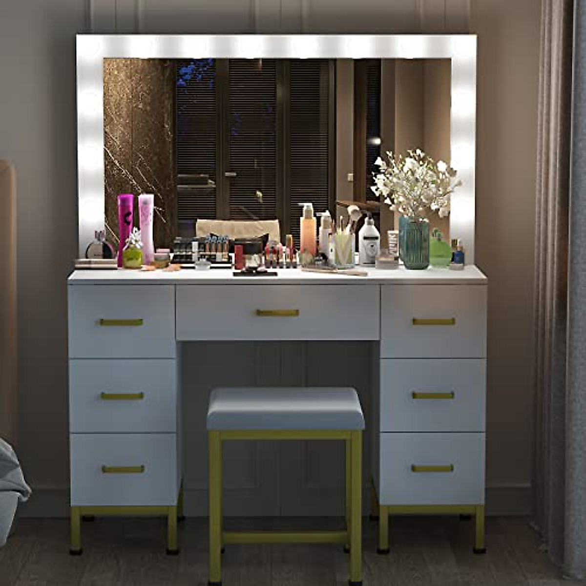 PAKASEPT Vanity Set with Lighted Mirror, Makeup Vanity Dressing Table with 14PCS LED Bulbs, Cushioned Stool & 7 Drawers, Large 44" White Vanity for Bedroom, Powder Room