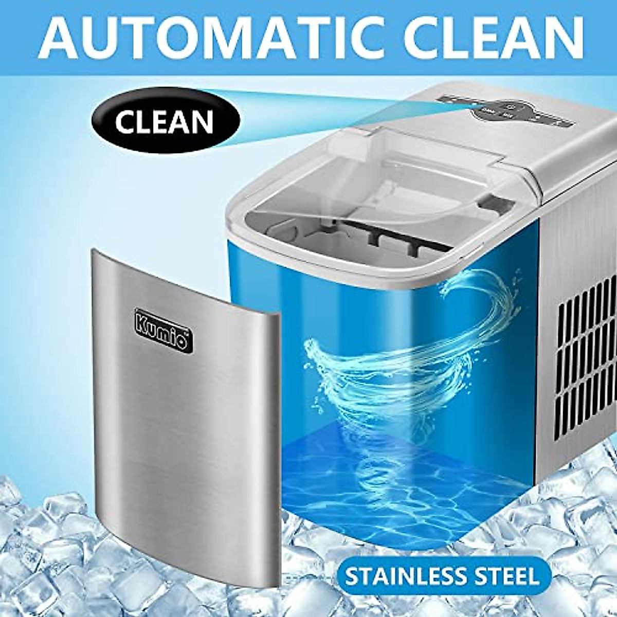 KUMIO Stainless Steel Ice Makers Countertop, 33 Lbs in 24 Hrs, 10 Bullet Ice Ready in 6-8 Mins, Automatic Self-Cleaning, 2 Sizes of Bullet Ice for Home Kitchen Office Bar Party