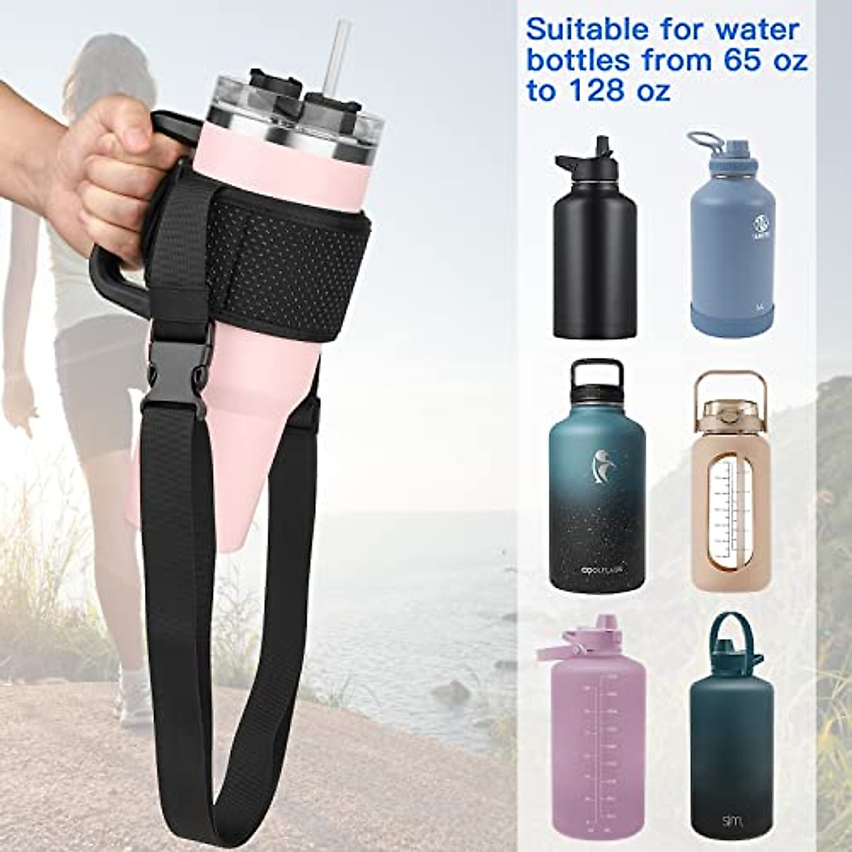 Xxerciz Water Bottle Carrier Holder with Strap for Stanley Simple Modern 40 oz Tumbler with Handle, Universal Bottle Sling Sleeve for 40-128oz Water Bottle on Walking Camping Hiking