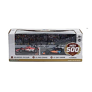 Greenlight 11545 2022 Indianapolis 500 Podium 3-Car Set - #8 Marcus Ericsson, #5 Pato O'Ward, #1 Tony Kanaan, 1/64 Scale