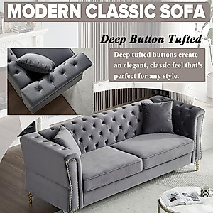 lunhung 81" Chesterfield Velvet Sofa for Living Room,3-Seater Sofa Tufted Couch with Golden Metal Legs & Nailhead,2 Pillows, Rolled Arms Sofa for Living Room,Bedroom,Office,Apartment (Grey)