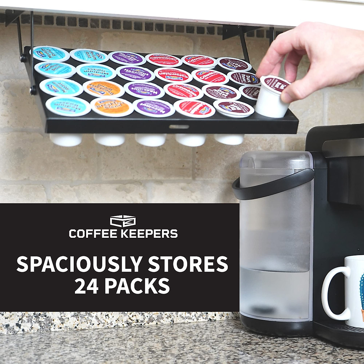 Coffee Keepers Under Cabinet Coffee Pod Holder - Storage Organizer for K-Cup® packs - Discreet Design - Holds 24 Single Coffee Pods - Easy, No-Drill Install - For Home, RV, & Boat Storage