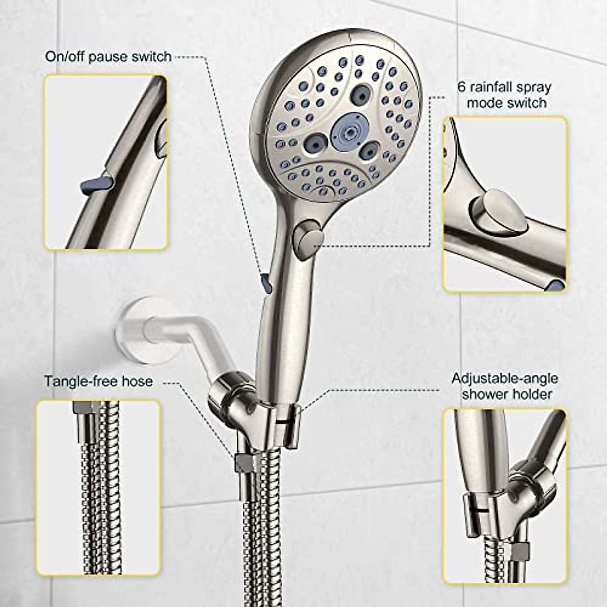 SunCleanse Shower Head, 7 Settings Hand held Shower with ON/OFF Pause Switch, Brushed Nickel High Pressure Shower Head with 71 inch Hose