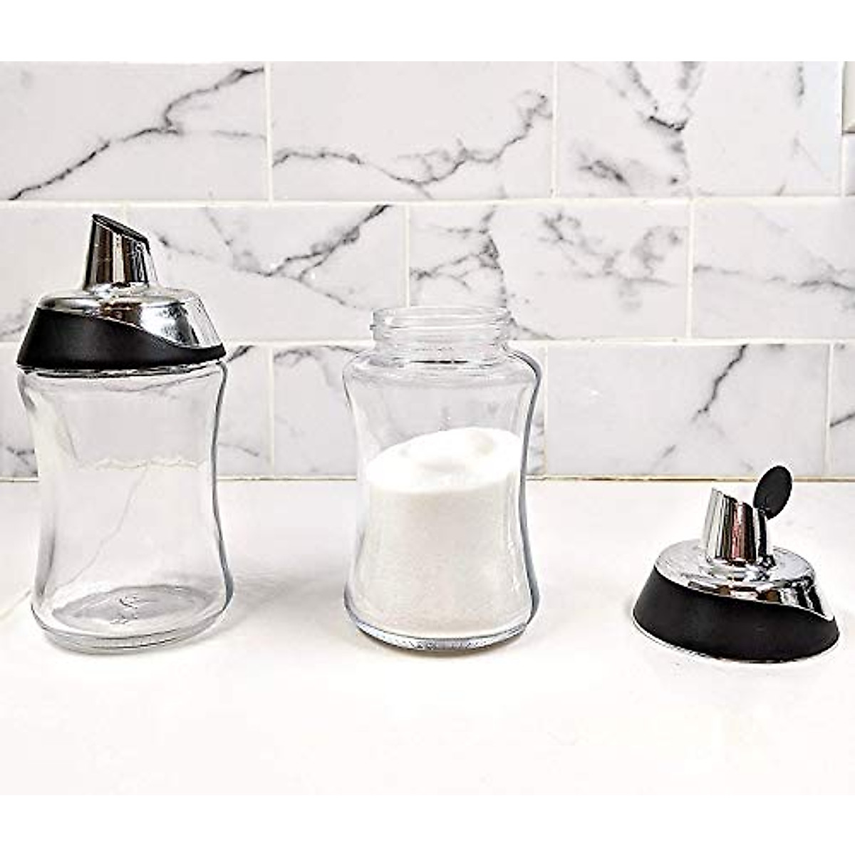 J&M Design 2-Pack Sugar Dispenser & Shaker For Coffee , Cereal , Tea & Baking with Pour Spout and Lid for Easy Spoon Measuring Pouring - 7.5oz Glass Jar Container - Coffee Bar Accessories & Essentials