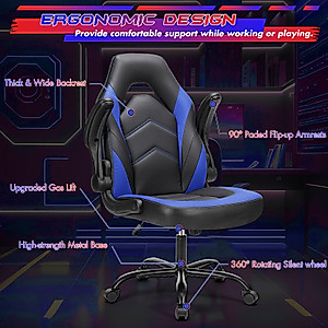 Sweetcrispy Computer Gaming Desk Chair - Ergonomic Office Executive Adjustable Swivel Task PU Leather Racing Chair with Flip-up Armrest for Adults, Kids, Men, Girls, Gamer, Black Blue
