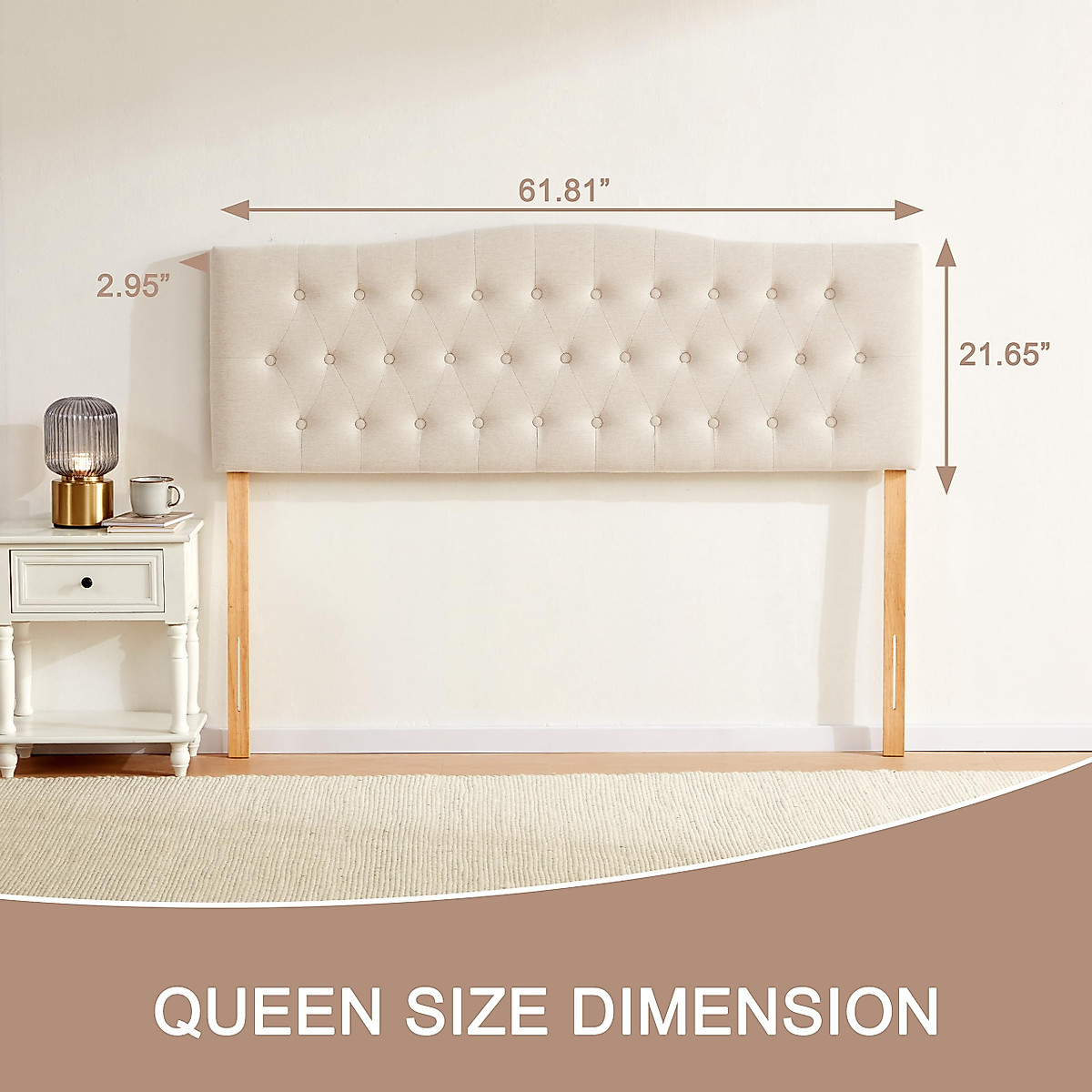 Huatean Home Tufted Upholstered Headboard Queen Size, Sturdy and Durable Solid Wood Bed headboard, Fabric Headboard Adjustable Height from 37” to 51”, Modern Button Diamond Design Head Board, Beige
