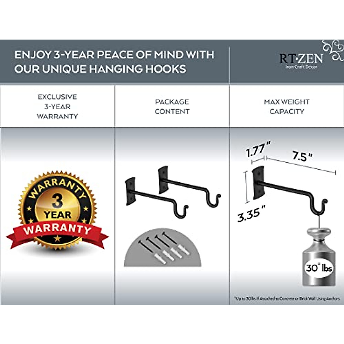 RTZEN Plant Hanger Shepards Hook 7.5" - Hand Forged Heavy Duty Wrought Iron Wall Decor - Indoor or Outdoor Shepherds Hook Hanging Bracket for Bird Feeders Lanterns Baskets and Wind Chimes - 2 Pack