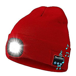 Bluetooth Beanie Hat with Light, Unisex USB Rechargeable LED Headlamp Cap with Headphones, Built-in Speakers & Mic Winter Knitted Night Lighted Music Hat, Gifts for Men Him Husband Men and Women Red