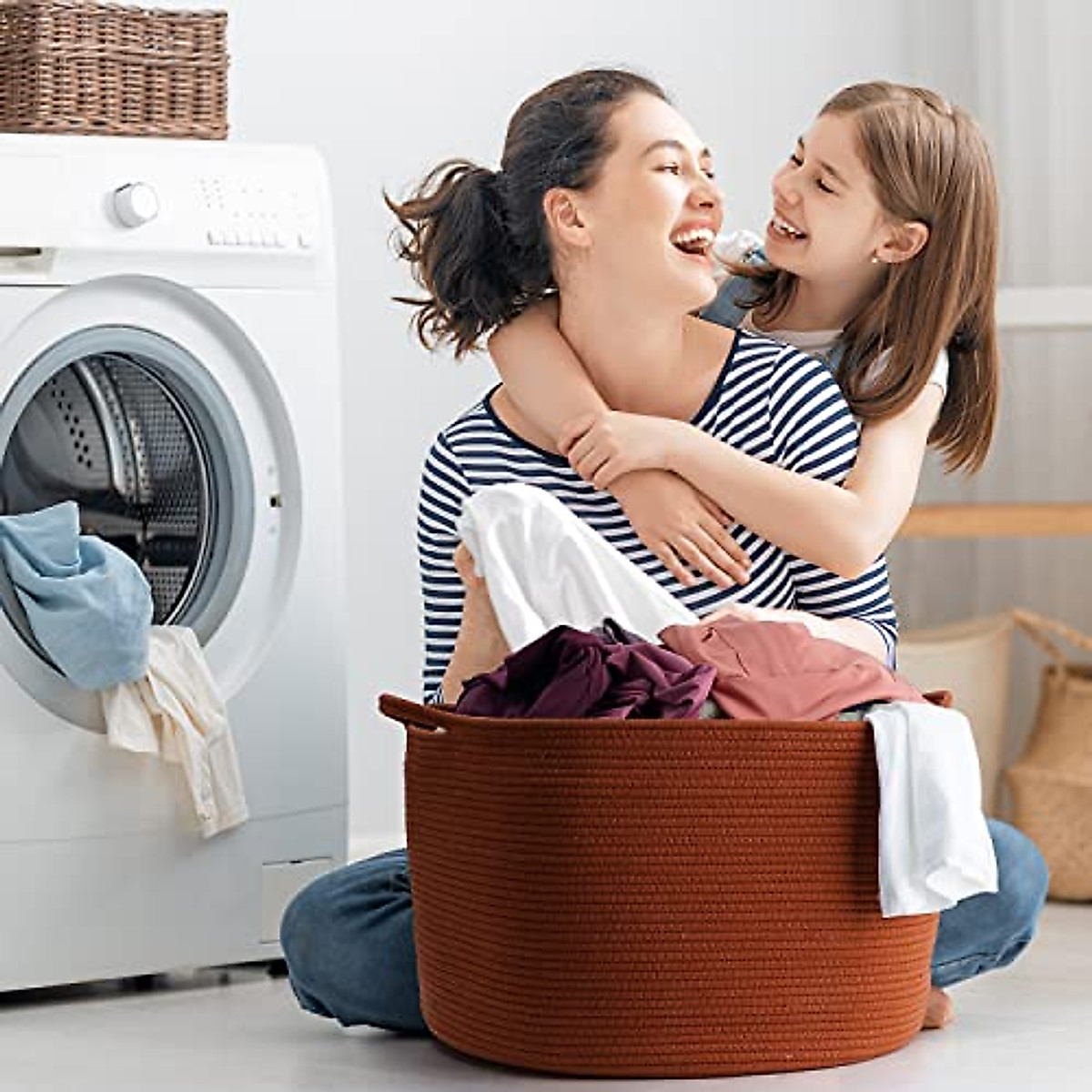 Maliton XXL Large Cotton Rope Basket Large Basket for Blankets, Towels, Pillows - Round Toy Basket with Pockets- Woven Laundry Basket with Handles - 20" x 20" x 13" Nursery Hamper Bin, Burnt Orange