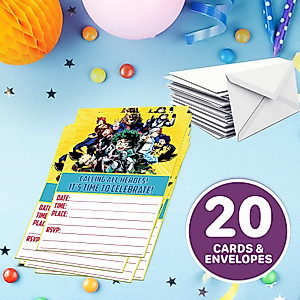 20x My Hero Academy Birthday Invitations and Envelopes – Fill-in Happy Birthday Party Invitations for Kids, 6X4 Inches, Postcard Style