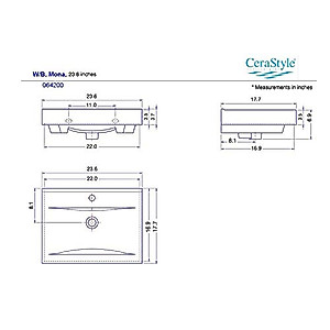 CeraStyle 064200-U-One Hole Mona Rectangular Ceramic Wall Mounted/Self Rimming Bathroom Sink, White