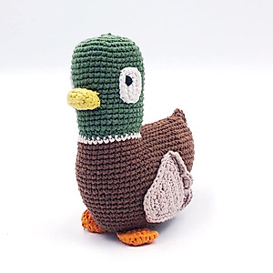 Pebble Fair Trade Handmade Crochet Cotton Farm Animal - Mallard Duck Rattle, 6-inch Length