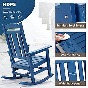 LUE BONA Outdoor Rocking Chairs Set of 2, Weather Resistant Poly Plastic Rocker Chairs, 350lb Heavy Duty, Oversized Porch Rocker for Adult, High Back Smooth Rocking Chairs for Outdoor & Indoor, Blue