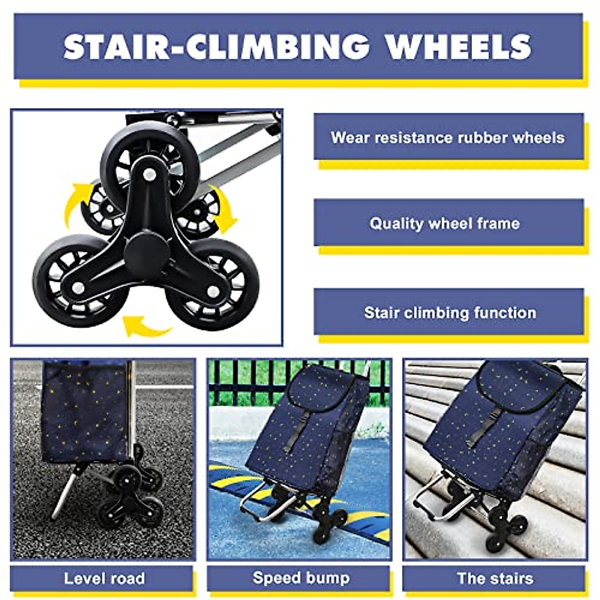 Honshine Shopping Cart with 6 Rubber Wheels, Stair Climbing Grocery Cart with Large Waterproof Removable Bag & Adjustable Handle, Foldable Trolley Cart for Grocery Laundry Camping Beach (Star)