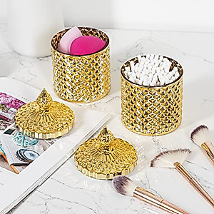 Vnesse Dispenser Apothecary Jars Bathroom - Qtip Holder Storage Canister Clear Glass Jars for Cotton Ball Cotton Swab QTips Cotton Rounds (2 x Gold)