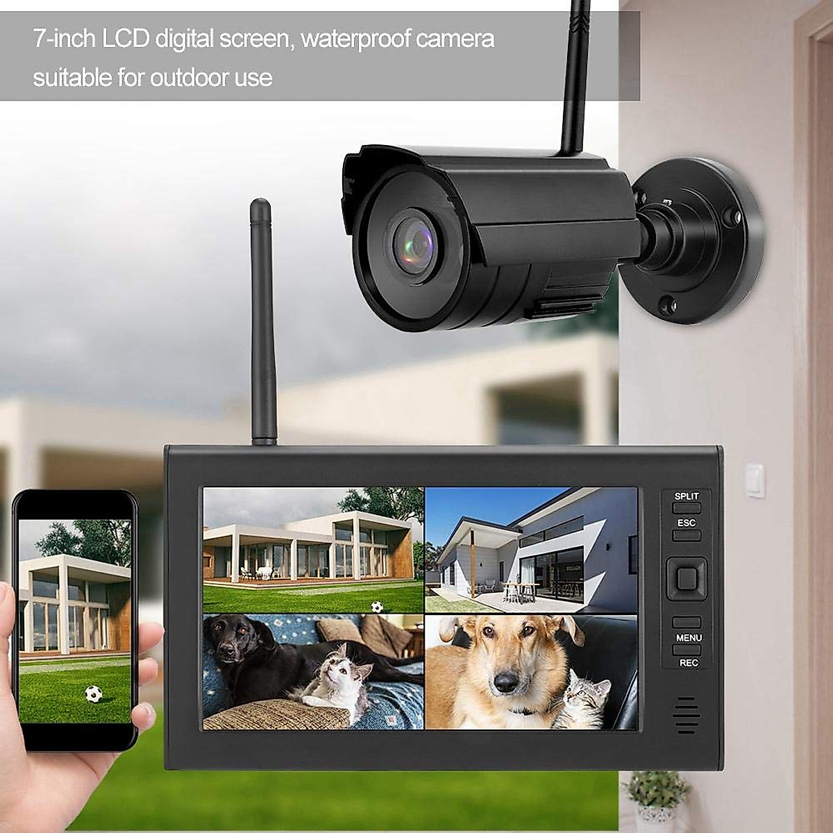 Outdoor Security Camera, Home Security Surveillance Camera, Night Vision, Motion Detection and Remote View with 4CH Surveillance Monitor System Display and TF Card (US Plug)