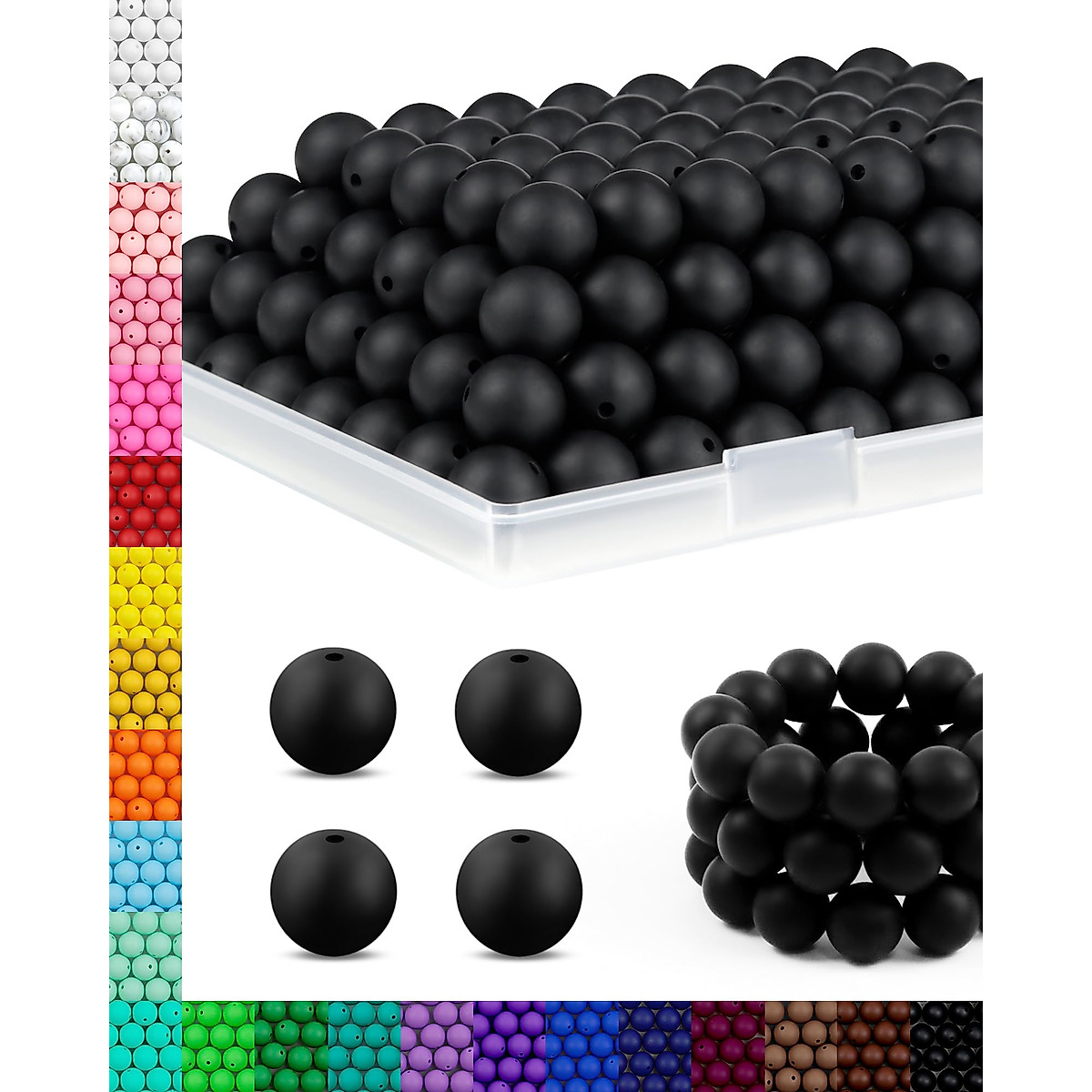 150PCS FIVEIZERO Silicone Beads 15mm for Keychain Making, Bulk Rubber Beads for DIY Crafts, Bracelets, and Necklaces - Silicone Beads Bulk, Keychain Beads, Rubber Beads for Pens.(Black)