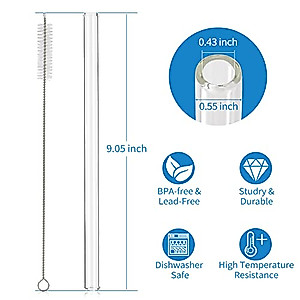 [10 Pcs] Reusable Glass Boba Smoothie Straws - 9" x 14 mm Eco Friendly Clear Drinking Straws with 2 Cleaning Brushes for Bubble Tea,Milkshakes,Juice