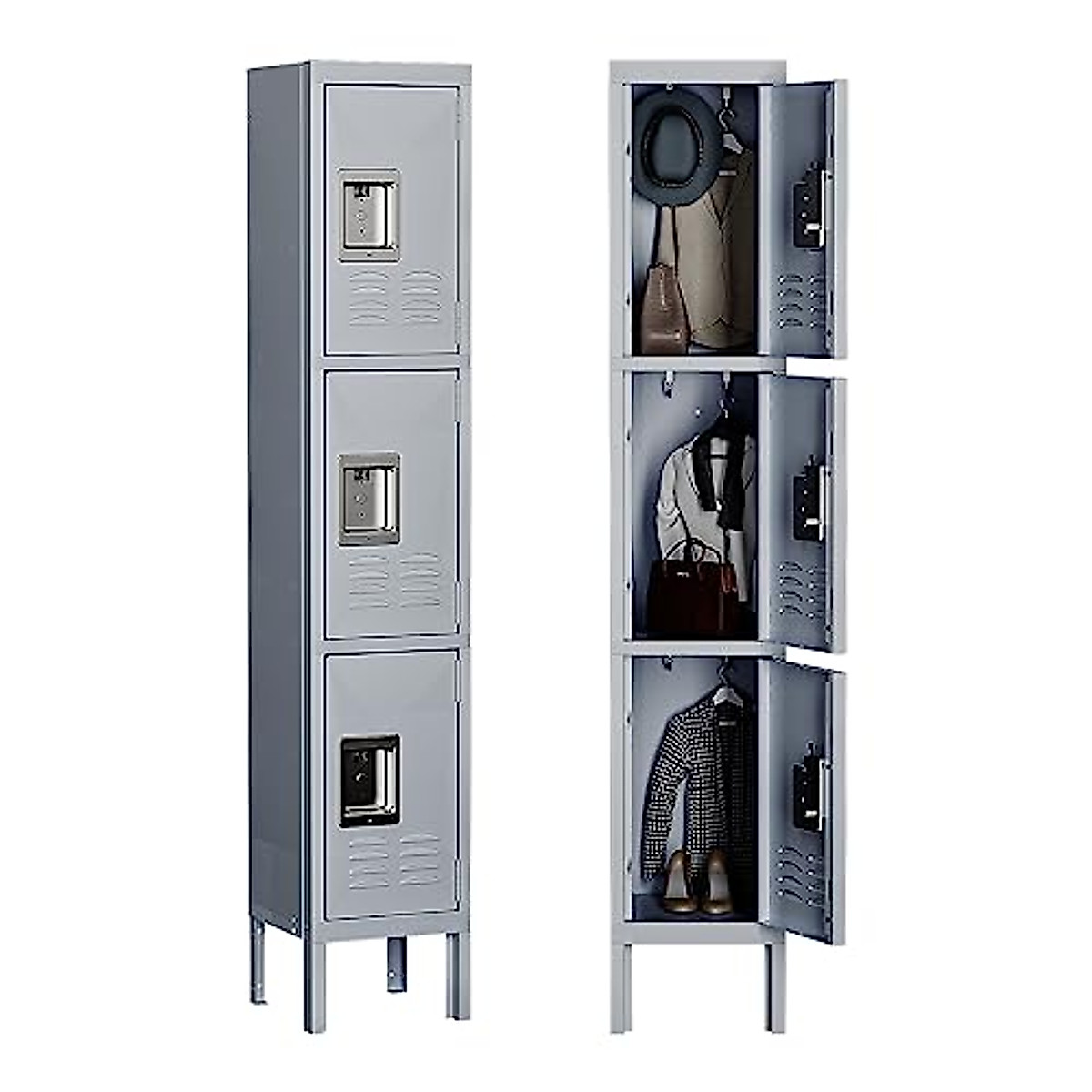 MIIIKO Employee Lockers, Metal Cabinet 3 Doors, Gym Locker with Hooks, 3 Tier Shelves Storage Locker Organizer for School Kids, Home Office Bedroom