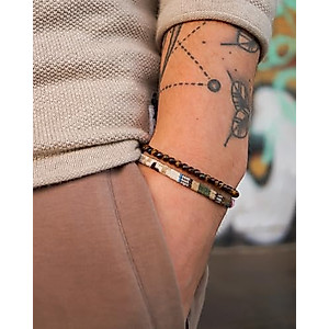 2x Boho Surfer Bracelet Set Women & Men - Handmade Summer Beach Bracelets - Adjustable & 100% Waterproof - Festival Accessories - Beaded & Braided (Tiger-Eyes & Safari)