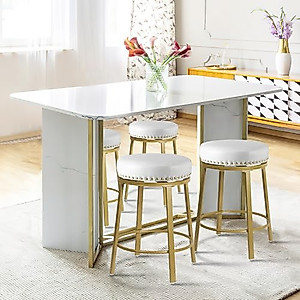FLYZC White & Gold Bar Stools Set of 2 Counter Height 24 Inches Swivel Bar Stools for Kitchen Counter Island Backless Modern Gold Barstools Upholstered Faux Leather Round Counter Stools, White+Gold