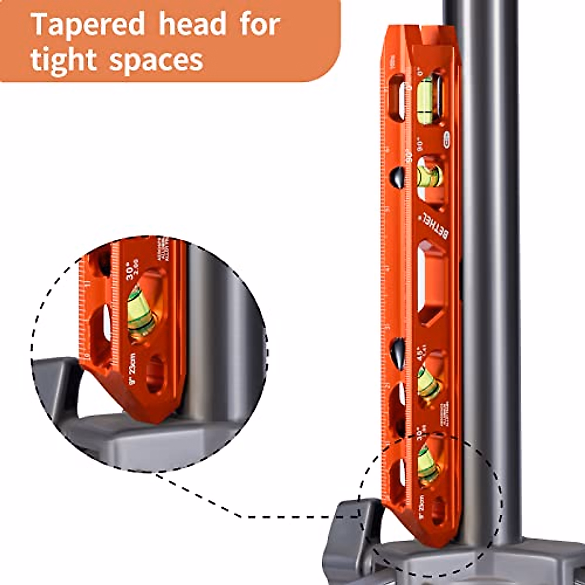 BETHEL Torpedo Level, Magnetic Conduit Level with 4 Vials, V-Groove and Magnet Track, Aluminum Alloy Construction, High Viz Orange (9 inch)