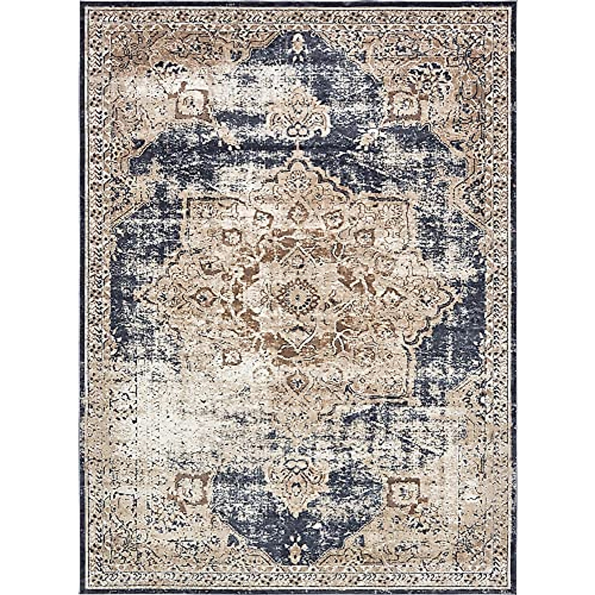 Unique Loom Chateau Collection Vintage, Distressed, Medallion, Rustic, Traditional Area Rug, 9' 0" x 12' 0", Beige/Navy Blue