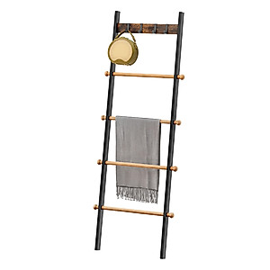 Gewudraw 5 Feet Blanket Ladder,5-Tier Towel Rack Holder with 4 Hooks,Wall Leaning Ladder Shelf, Decorative Ladder Blanket Holder Rack,Farmhouse Home Decor for Living Room,Bathroom,Bedroom,Rustic Decor