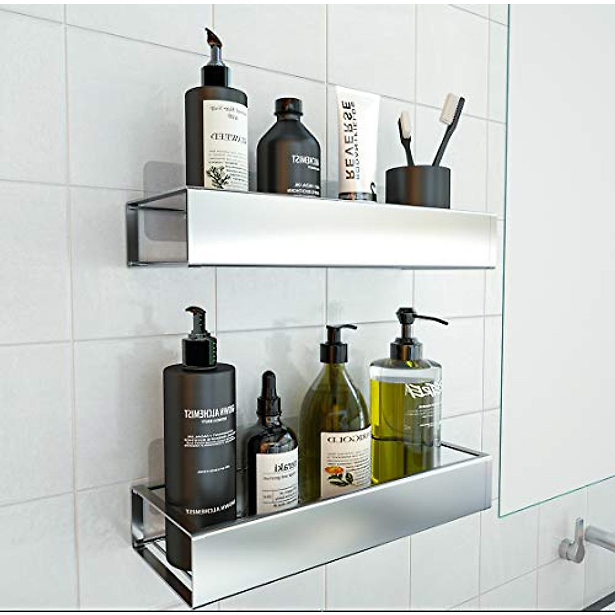 Roseyat Bathroom Adhesive Shower Caddy Basket Shelf with Hooks, No Drilling Removable Bathroom Shelf Organizer,Stainless Steel Rustproof Shower Rack for Shampoo Storage, Sponge Holder-Silver