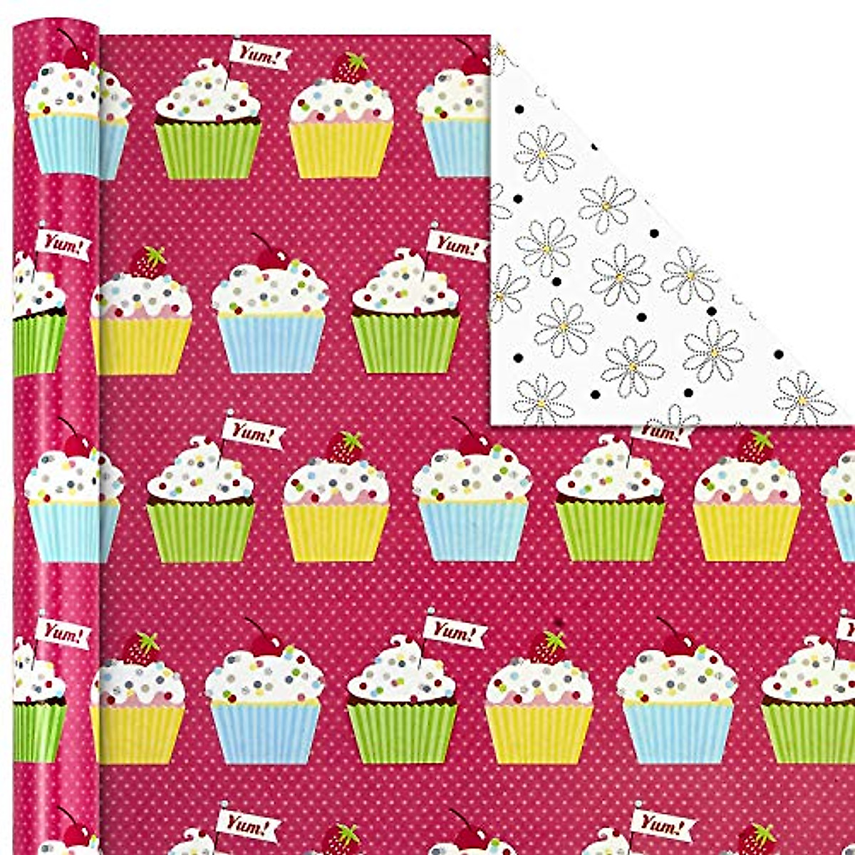 Hallmark Reversible Wrapping Paper Bundle (3 Rolls - 75 sq. ft. ttl: "Happy Birthday," Cupcakes, Stripes, Flowers, Polka Dots) in Yellow, Pink, Teal Blue, Black and White for Baby, Bridal, Birthdays