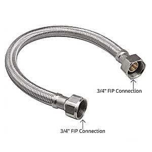 EZ-Fluid 12-Inch Braided Flexible Stainless Steel Water Heater Connector Hose For Female Iron Water Pipes Fitting, 3/4-Inch FIP x 3/4-Inch FIP