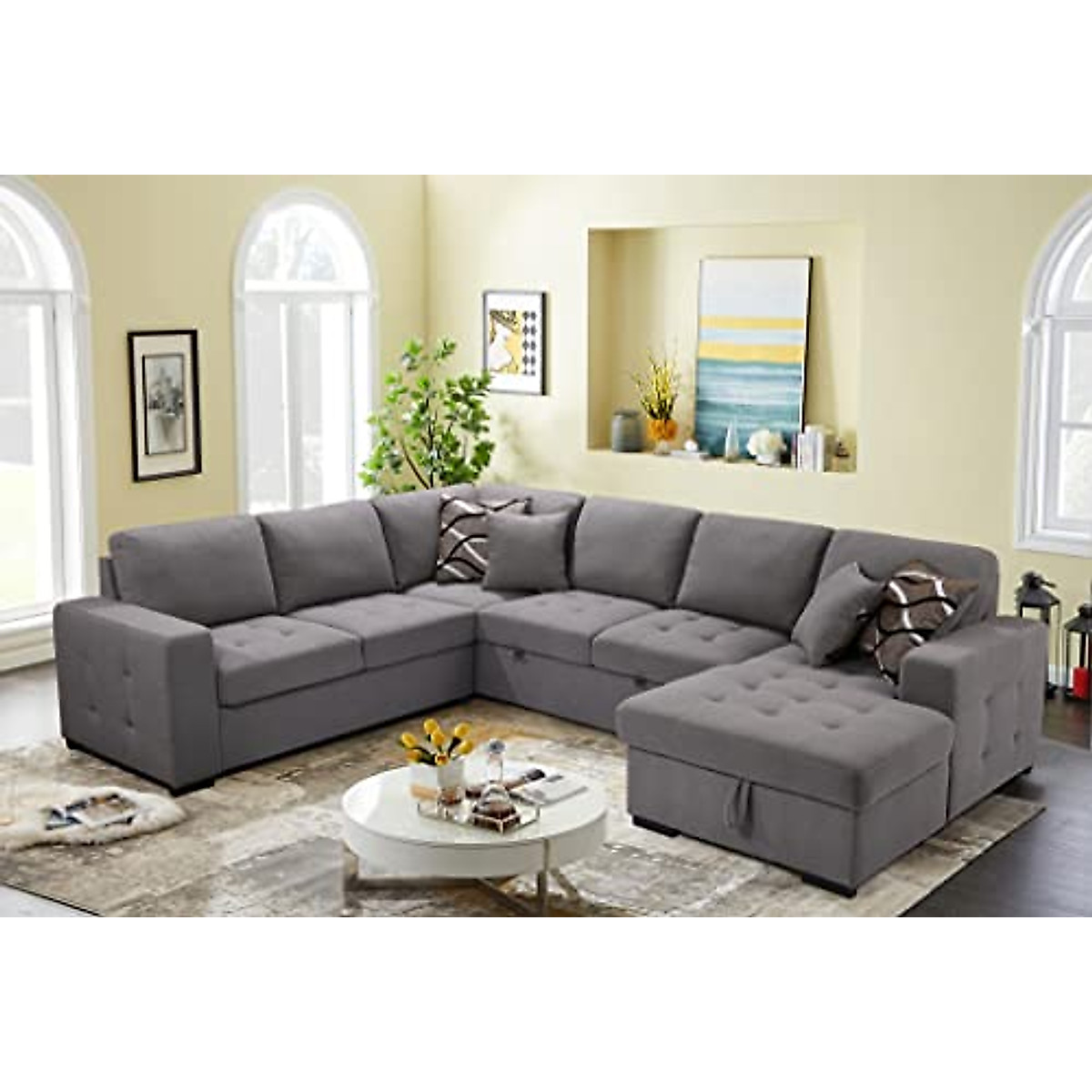 123" U-Shaped Polyester Sectional Sofa with Pull Out Sleeper Couch Bed & Storage Chaise, Oversized Functional Sofa & Couch Convertible Sofabed w/4 Pillows for Home Apartment Living Room Furniture Set