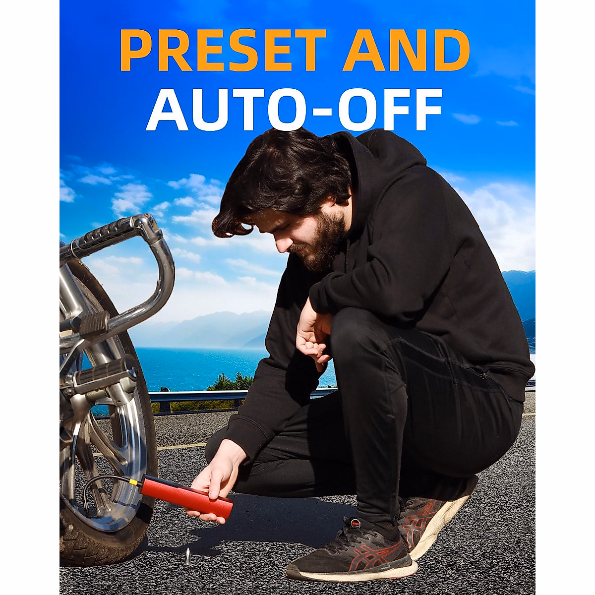 Bike Pump, The Pro Electric Bicycle Pump - Woowind BP188 Tire Inflator Portable Air Compressor with Schrader, Presta and Dunlop Valve Adapters - 150PSI (Red)