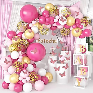 Pateeha Pink Balloon Garland Arch Kit 140 Pcs Hot Pink Gold Balloon Arch Baby Shower Decorations for Girl Butterfly Stickers Gold Confetti Latex Balloons for Birthday Bridal Shower Party Decorations