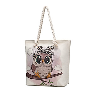 Rope Handle Tote Bags Large Tote Bag with Rope Handles Sturdy Canvas Reusable Grocery Shopping Bags Tote Bag Beach Bag (Cute Owl)