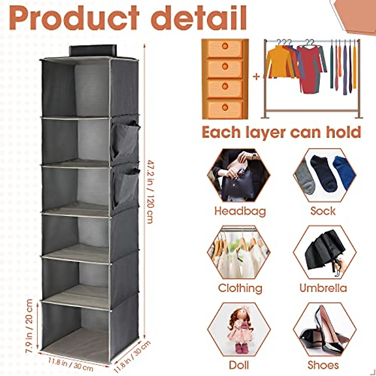 Shappy 4 Pack Hanging Closet Organizers and Storage, 6 Shelf Wide Dorm Closet Sweater Clothes Hat Baseball Cap Organizer Hanging Storage Shelves Collapsible Closet Clothes Organizer (Grey)